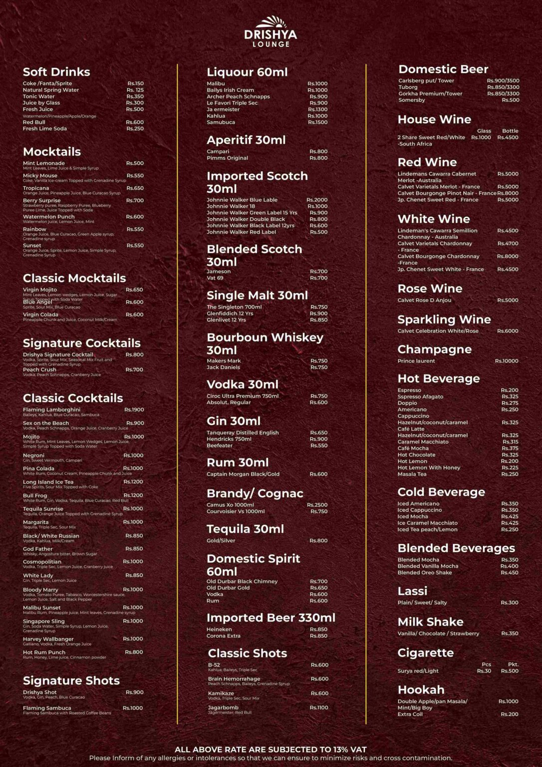 Drink Menu- Drishya Lounge and restaurant